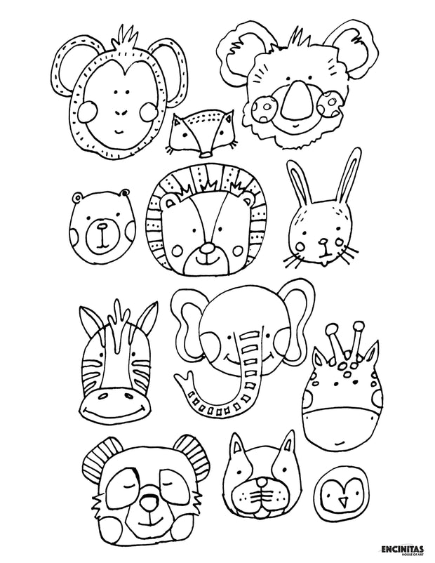 Cute Animal Faces Coloring Page – Encinitas House of Art